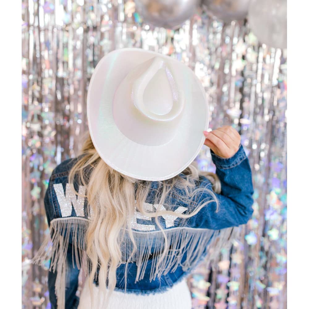 Patyhapy White Space Cowgirl Hat with Heart Glasses Women Metallic Holographic Cowboy Hats Neon Rave Sparkly Glitter Party Costume(White)