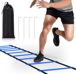 dikako agility ladder - 20ft 12 rung agility ladder speed training equipment, kids and adult speed ladder for football, basketball, fitness training - included carry bag and 4 steel stakes, blue