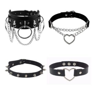 dumcondy 4pcs halloween cool steampunk love heart shaped gothic goth punk rock rivet spike studded pu leather choker collar necklace sets for women lady girl adjustable cosplay jewelry night club