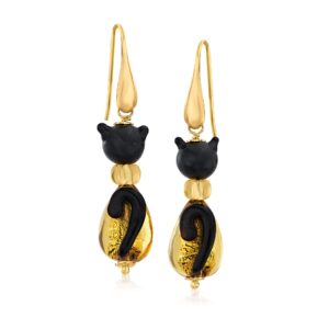 ross-simons italian black and golden-hued murano glass bead cat drop earrings with 18kt gold over sterling