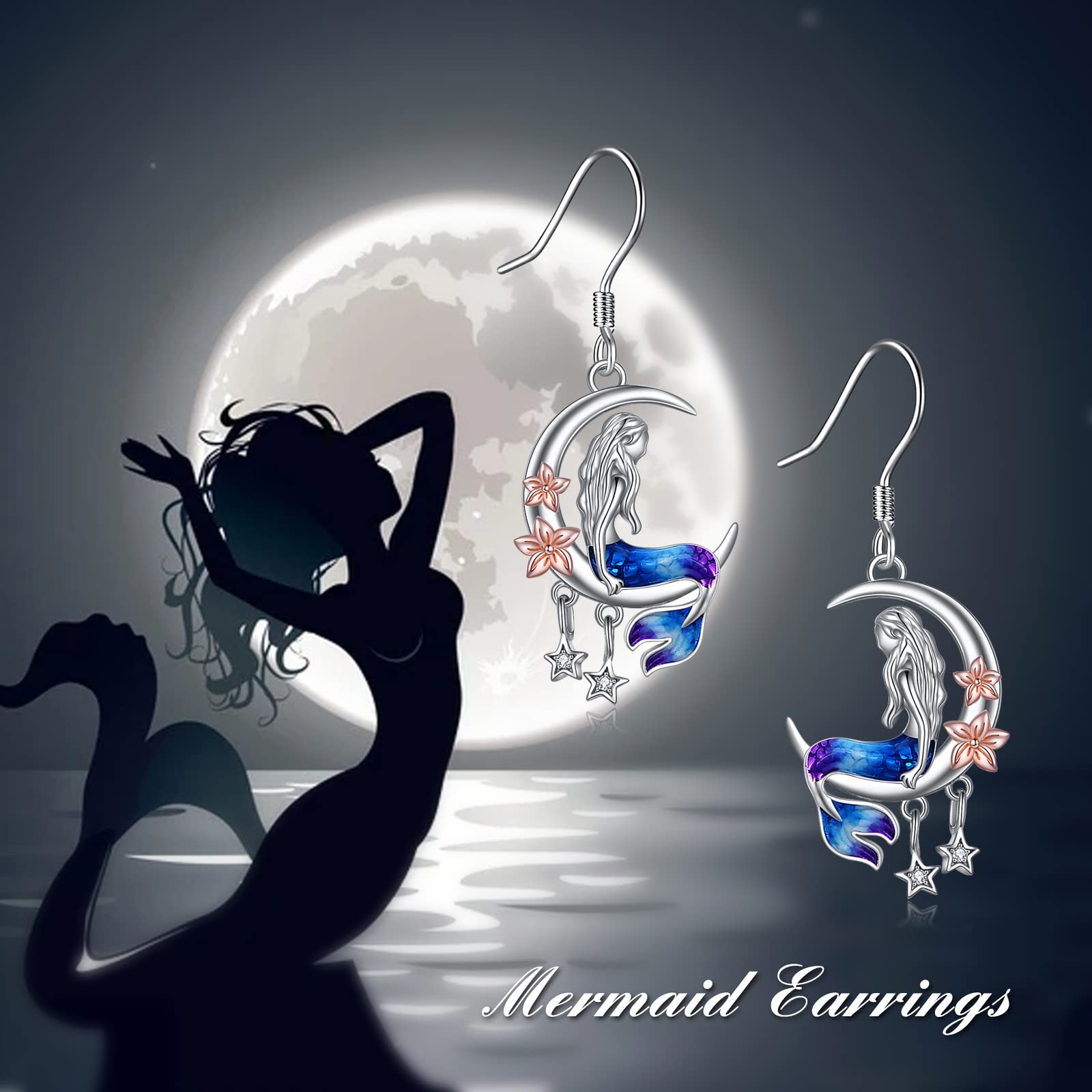 Mermaid Earrings Jewelry Gifts Sterling Silver Sea Mermaid Crescent Moon and Star Dangle Earrings with Flower Birthday Gifts for Daughter Women (Ocean earrings-mermaid)