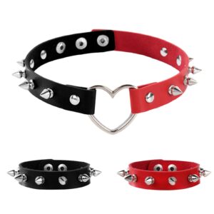 tosmifairy 3pcs black and red leather heart choker studded bracelets set goth cosplay accessories jewelry for women (a-black and red)