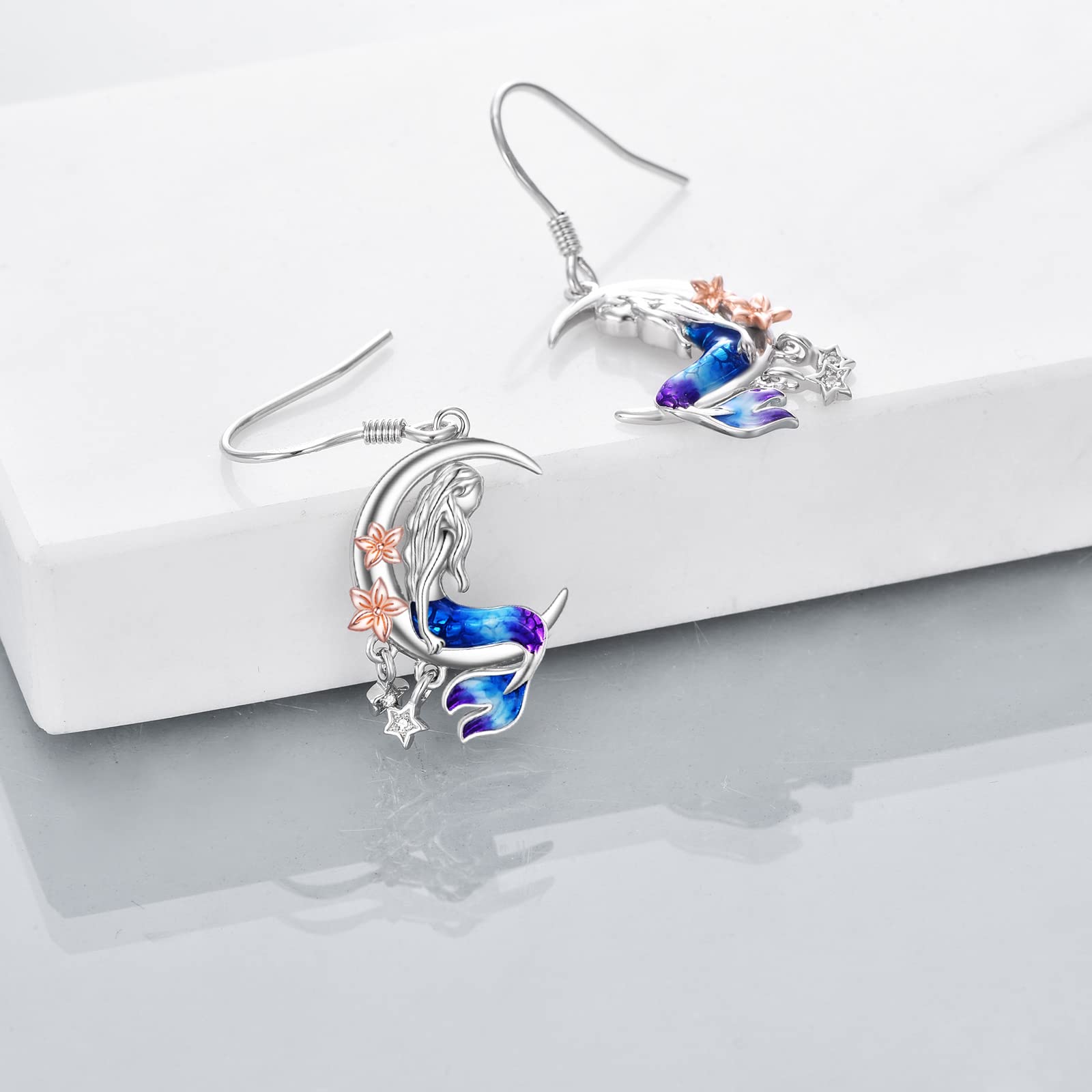 Mermaid Earrings Jewelry Gifts Sterling Silver Sea Mermaid Crescent Moon and Star Dangle Earrings with Flower Birthday Gifts for Daughter Women (Ocean earrings-mermaid)