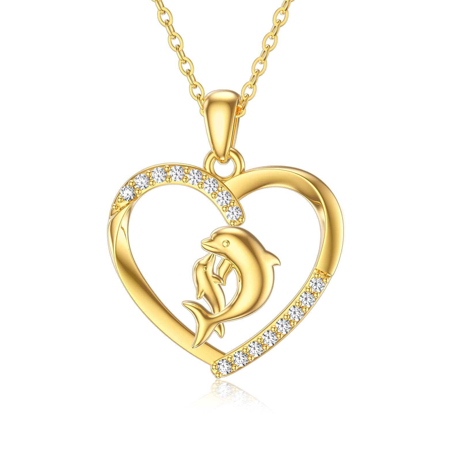 YDD 14K Solid Gold Dolphin Necklaces for Women Dolphin Mother Necklace Mom Necklace Heart Dolphin Pendant Mama Necklace Ocean Necklace Mom Gifts 16"-18"