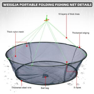 WEISGJA Portable Folded Fishing Net, Crab Net Fish Net with Fishing Rope, Hand Casting Cage Crab Net, Foldable Fishing Mesh Trap for,Minnows,Lobster,Crawfish, Shrimp etc. (39.4inch/100cm)