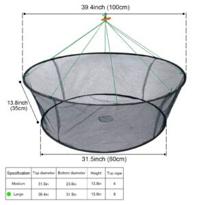 WEISGJA Portable Folded Fishing Net, Crab Net Fish Net with Fishing Rope, Hand Casting Cage Crab Net, Foldable Fishing Mesh Trap for,Minnows,Lobster,Crawfish, Shrimp etc. (39.4inch/100cm)