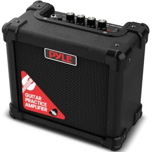 pyle portable electric guitar amp, 10w wall powered mini amplifier with 5" high definition speaker, distortion, headphone out