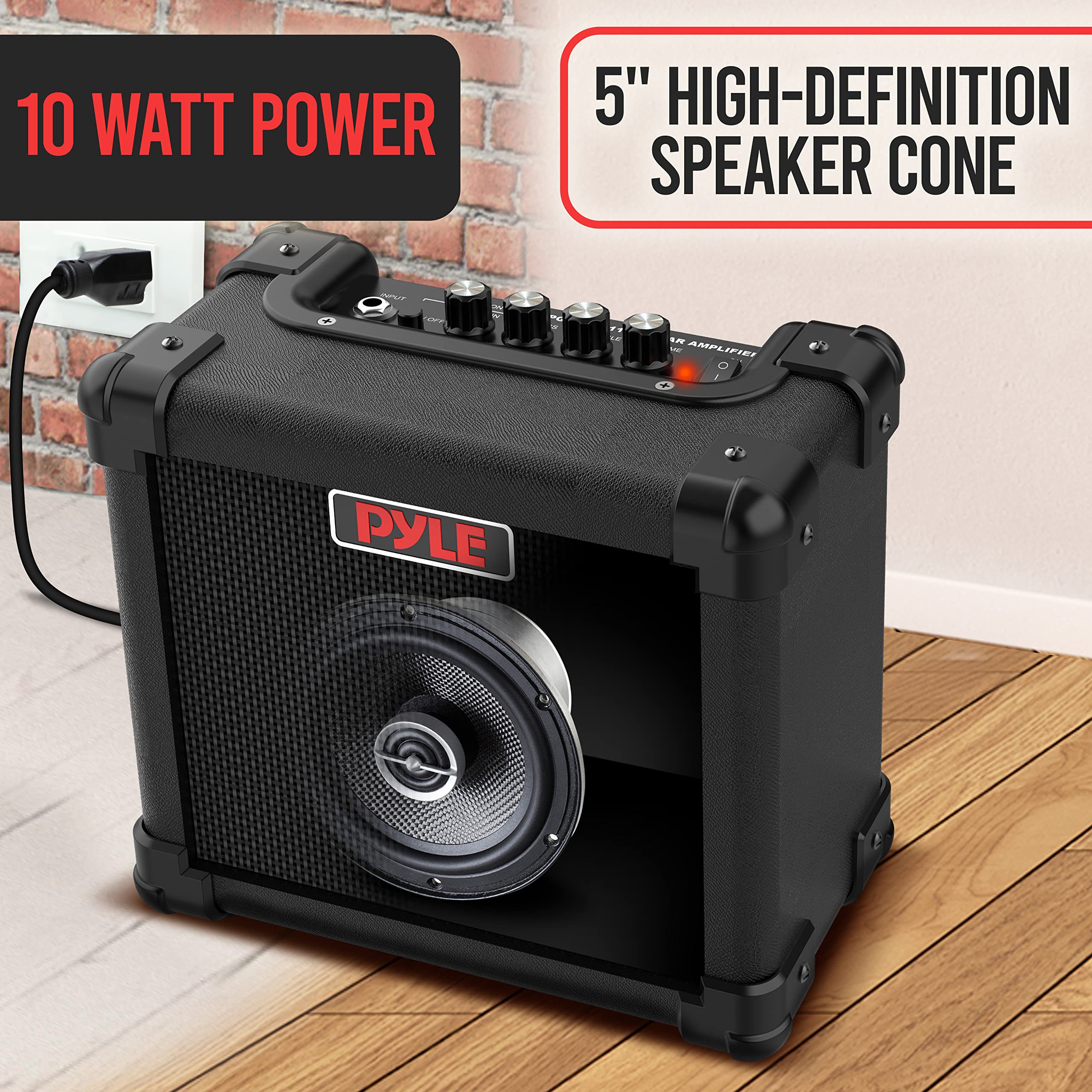 Pyle Portable Electric Guitar Amp, Battery or Wall Powered 10W Mini Amplifier with 5" High Definition Speaker, Distortion, Headphone Out, Carry Strap