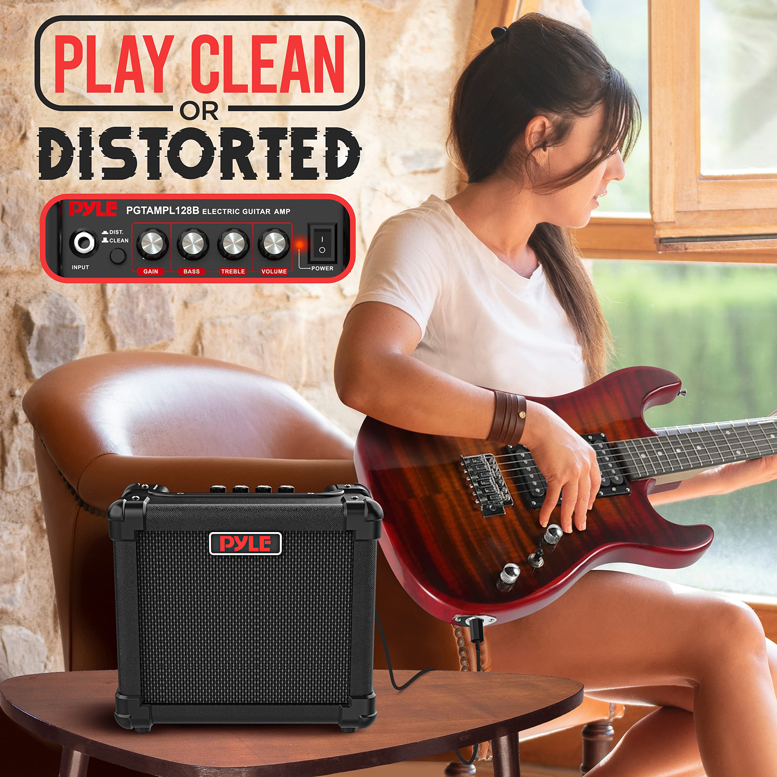 Pyle Portable Electric Guitar Amp, Battery or Wall Powered 10W Mini Amplifier with 5" High Definition Speaker, Distortion, Headphone Out, Carry Strap