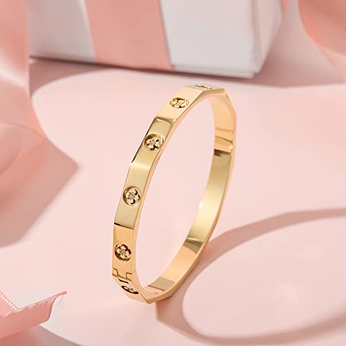 WISTIC Gold Bangle for Women Four Leaf Clover Polished Chunky Bracelets for MenStainless Steel Gold Plated Bangle Jewelry for Unisex adults Fashion Style.