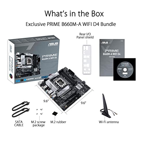 ASUS Prime Motherboard B660M-A WiFi D4 LGA 1700(Intel 12th Gen) mATX (PCIe 4.0, Wi-Fi 6,DDR4,2xM.2 Slots, 1Gb LAN, DP,2 x HDMI, USB 3.2 Rear Gen 2 and Front Gen 1 Type-C, Aura Sync)