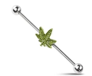 body accentz industrial pot leaf industrial barbell marijuana 14 gauge 1 1/2 barbell