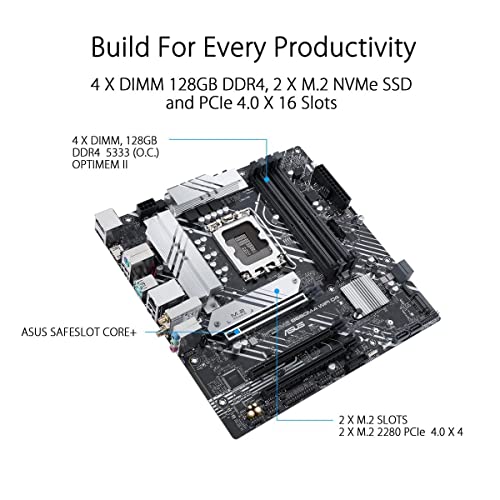 ASUS Prime Motherboard B660M-A WiFi D4 LGA 1700(Intel 12th Gen) mATX (PCIe 4.0, Wi-Fi 6,DDR4,2xM.2 Slots, 1Gb LAN, DP,2 x HDMI, USB 3.2 Rear Gen 2 and Front Gen 1 Type-C, Aura Sync)