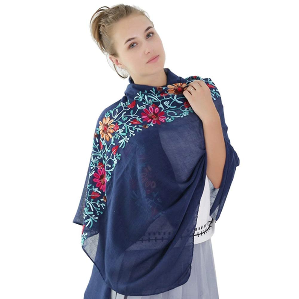 GERINLY Embroidery Flower Scarf for Women Aesthetic Bohemian Head Wrap Lightweight Shawl for Spring (N-Navy)