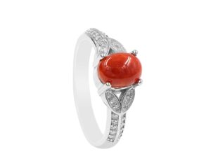 8x6 mm oval cut natural red coral cabochon gemstone 925 sterling silver may birthstone solitaire unisex proposal ring birthday gift for wife (yellow gold rhodium plated silver, 8)