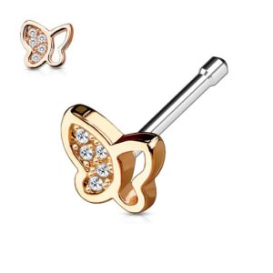 hollow half paved cz butterfly top 316l surgical steel nose bone stud rings 20g - rose gold