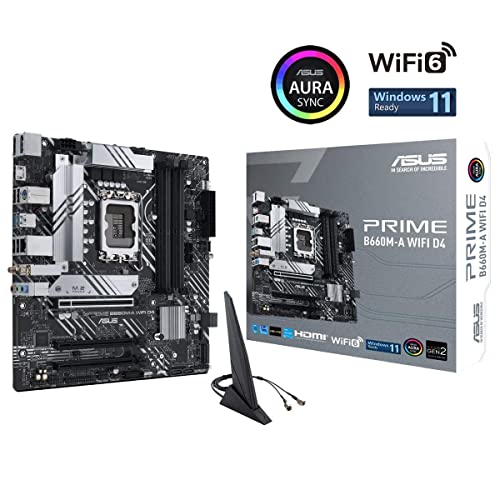 ASUS Prime Motherboard B660M-A WiFi D4 LGA 1700(Intel 12th Gen) mATX (PCIe 4.0, Wi-Fi 6,DDR4,2xM.2 Slots, 1Gb LAN, DP,2 x HDMI, USB 3.2 Rear Gen 2 and Front Gen 1 Type-C, Aura Sync)