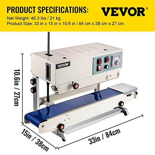 VEVOR Continuous Band Sealer, 0.24-0.6 in/6-15 mm Seal Width, FR900 110V/60Hz Vertical Sealing Machine, Band Heat Sealer with Digital Temperature Control for PVC Membrane Bag Film