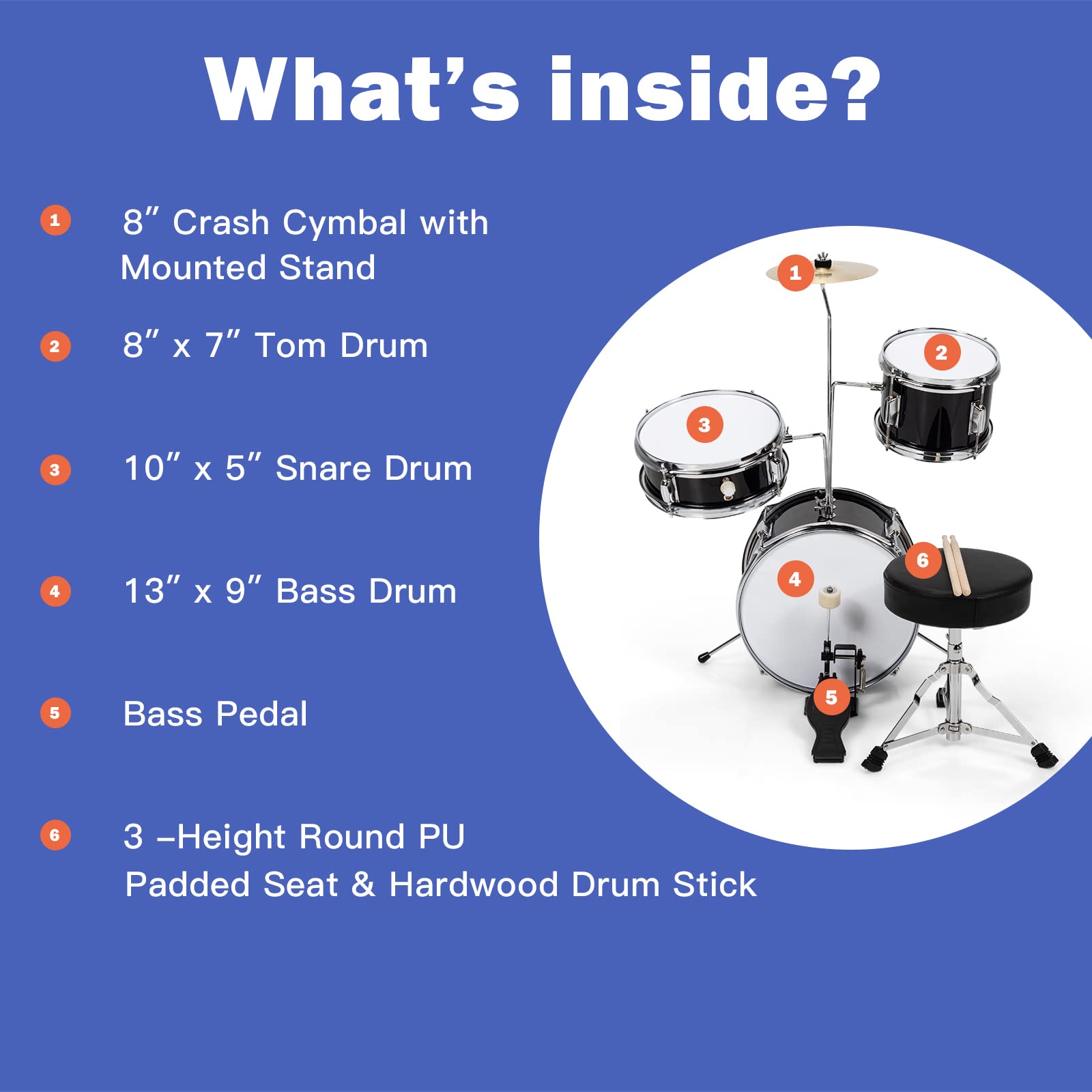 COSTWAY Kids Drum Set, 16” Junior Drum Kit with Bass/Snare/Toms/Floor Drum, Hi-Hat, Cymbal, Pedal, Seat, Drumsticks, 3 PCS Children’s Beginner Drum Instrument for Age 3-12 (Black)