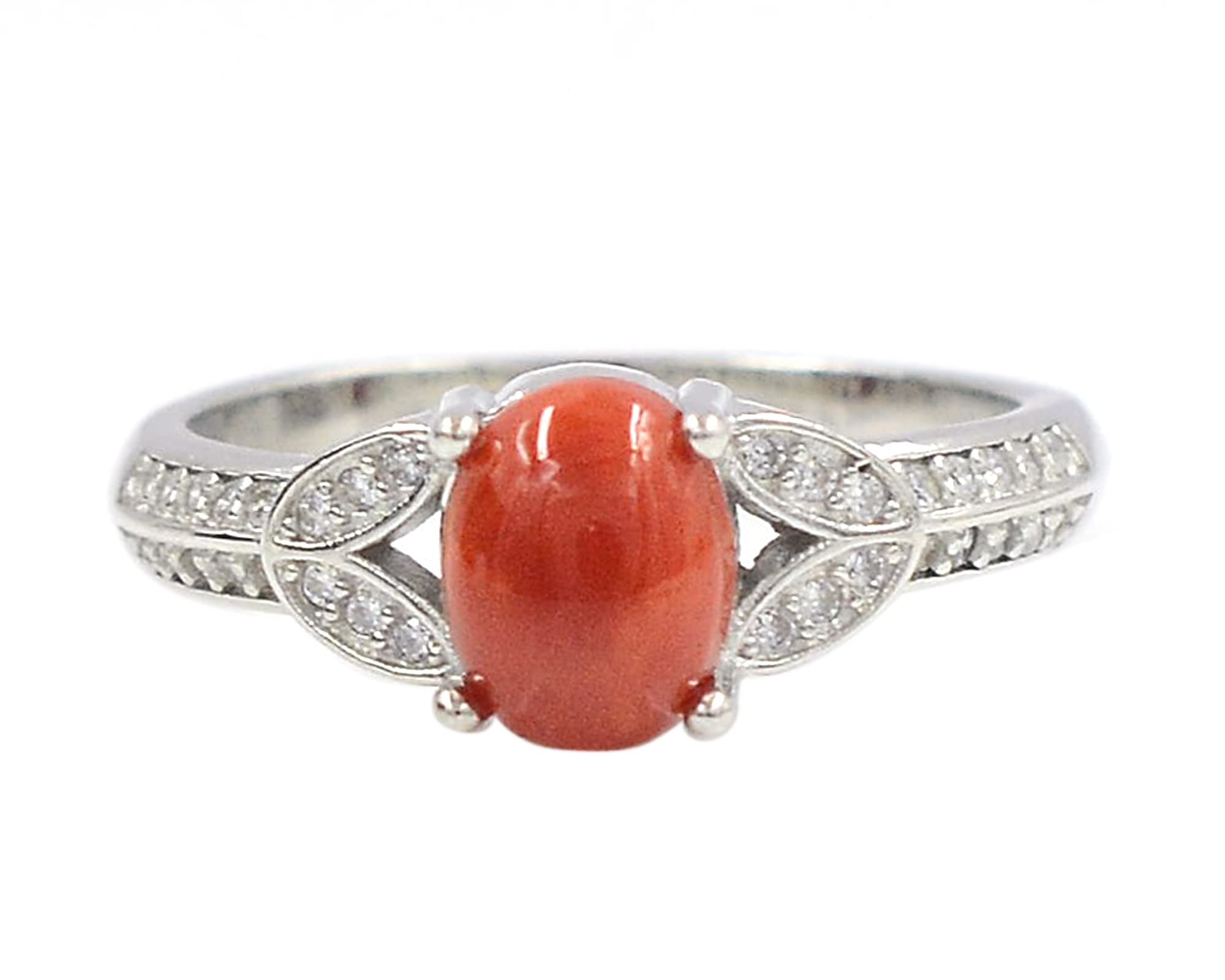 8X6 MM Oval Cut Natural Red Coral Cabochon Gemstone 925 Sterling Silver May Birthstone Solitaire Unisex Proposal Ring Birthday Gift For Wife (Yellow Gold Rhodium Plated Silver, 8)