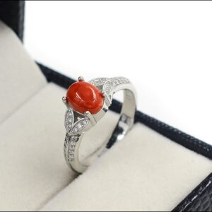 8X6 MM Oval Cut Natural Red Coral Cabochon Gemstone 925 Sterling Silver May Birthstone Solitaire Unisex Proposal Ring Birthday Gift For Wife (Yellow Gold Rhodium Plated Silver, 8)