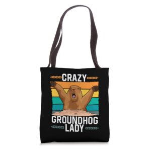 crazy groundhog lady woodchuck funny holiday marmot tote bag