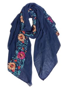 gerinly embroidery flower scarf for women aesthetic bohemian head wrap lightweight shawl for spring (n-navy)