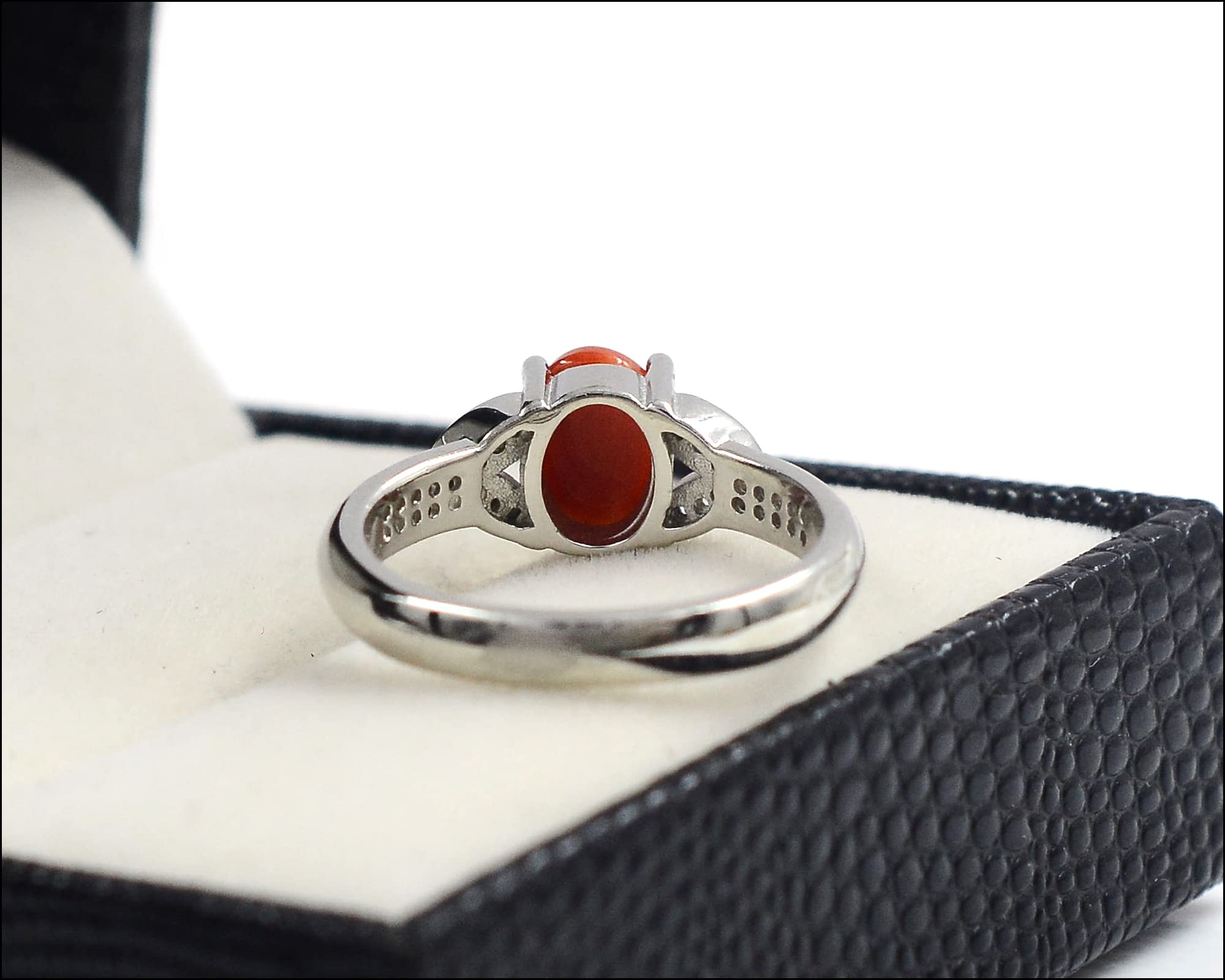 8X6 MM Oval Cut Natural Red Coral Cabochon Gemstone 925 Sterling Silver May Birthstone Solitaire Unisex Proposal Ring Birthday Gift For Wife (Yellow Gold Rhodium Plated Silver, 8)