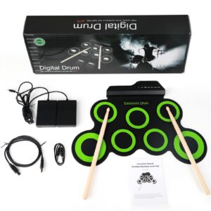 topoworl electronic drum set, practice drum pad, portable silicone beginners electric drum set percussion instrument with drum sticks sustain pedals (green)