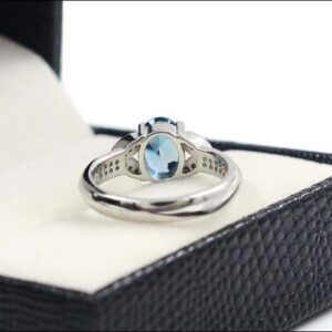 925 Solid Silver Natural London Blue Topaz 8X6 MM Oval Cut December Birthstone Statement Unisex Proposal Ring For Love and Friendship Gift (Rhodium Plated Silver, 6)