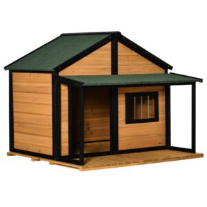 pawhut outdoor dog house cabin style, wooden raised pet kennel with asphalt roof, front door, side window, porch for medium/large dogs, loading 53 lbs, yellow