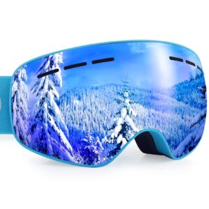 dizokizo ski goggles interchangeable spherical lens for skiing snowboard anti-fog 100% uv protection triple breathable foams for kids revo blue