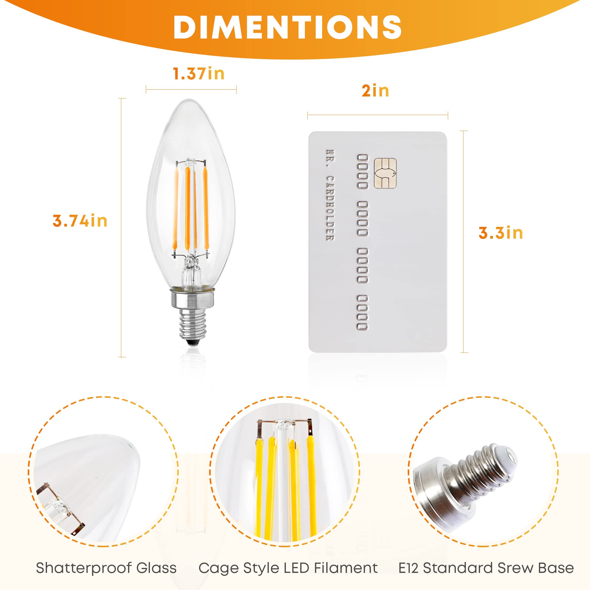 E12 Candelabra LED Edison Bulbs 40W Equivalent, 500 Lumen Soft White B10(C35) Dimmable Chandelier Light Bulbs Ceiling Fan, 5W Clear Glass Vintage Edison Bulb, 6 Pack