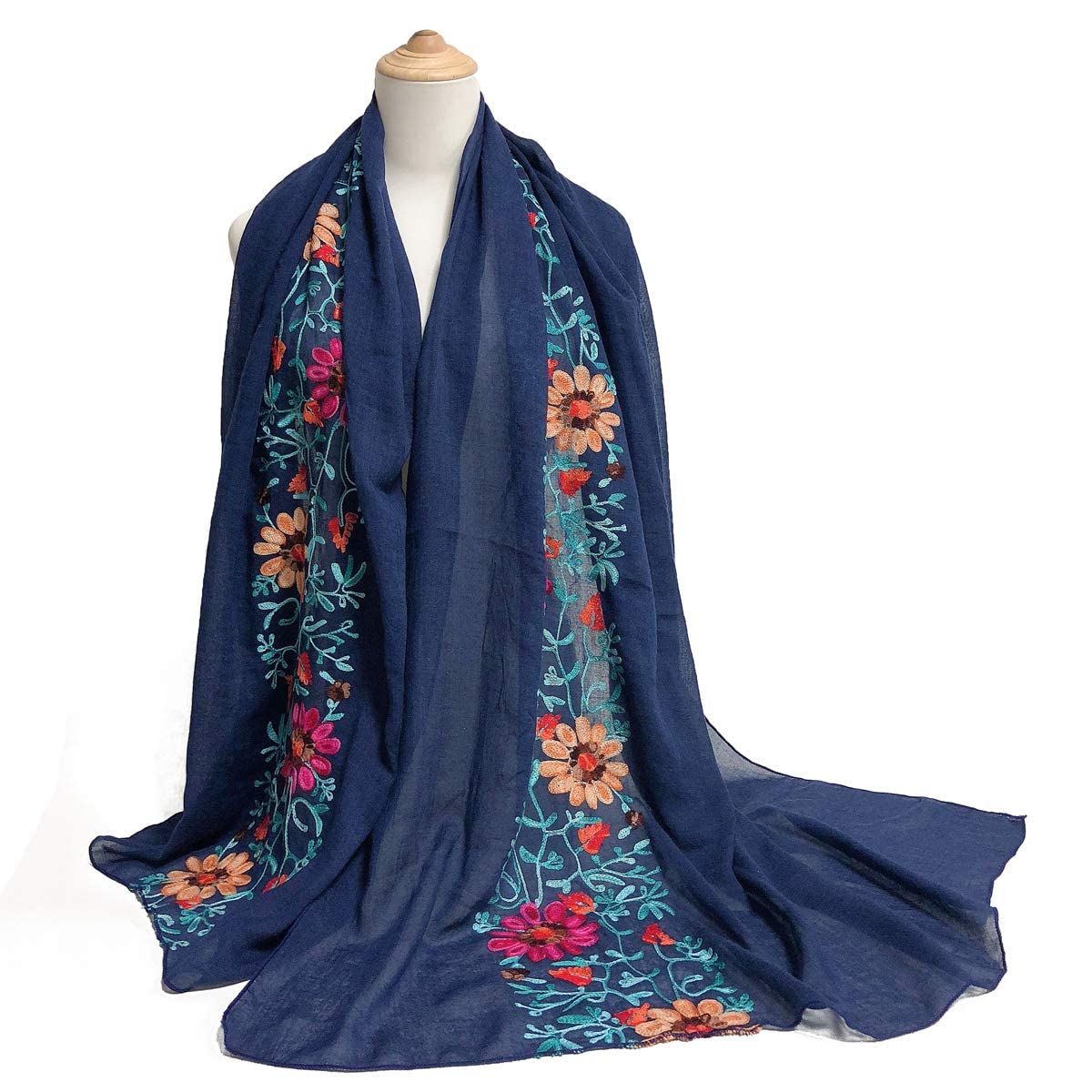 GERINLY Embroidery Flower Scarf for Women Aesthetic Bohemian Head Wrap Lightweight Shawl for Spring (N-Navy)