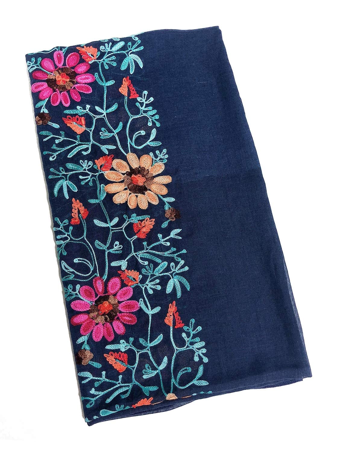 GERINLY Embroidery Flower Scarf for Women Aesthetic Bohemian Head Wrap Lightweight Shawl for Spring (N-Navy)