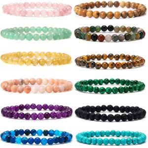 SAMOCO 12Pcs 4mm 6mm 8mm Gemstones Bracelets for Women Men Semi Precious Healing Crystal Stone Stretch Round Beaded Bracelet Handmade Energy Bracelets adjustable(6mm)