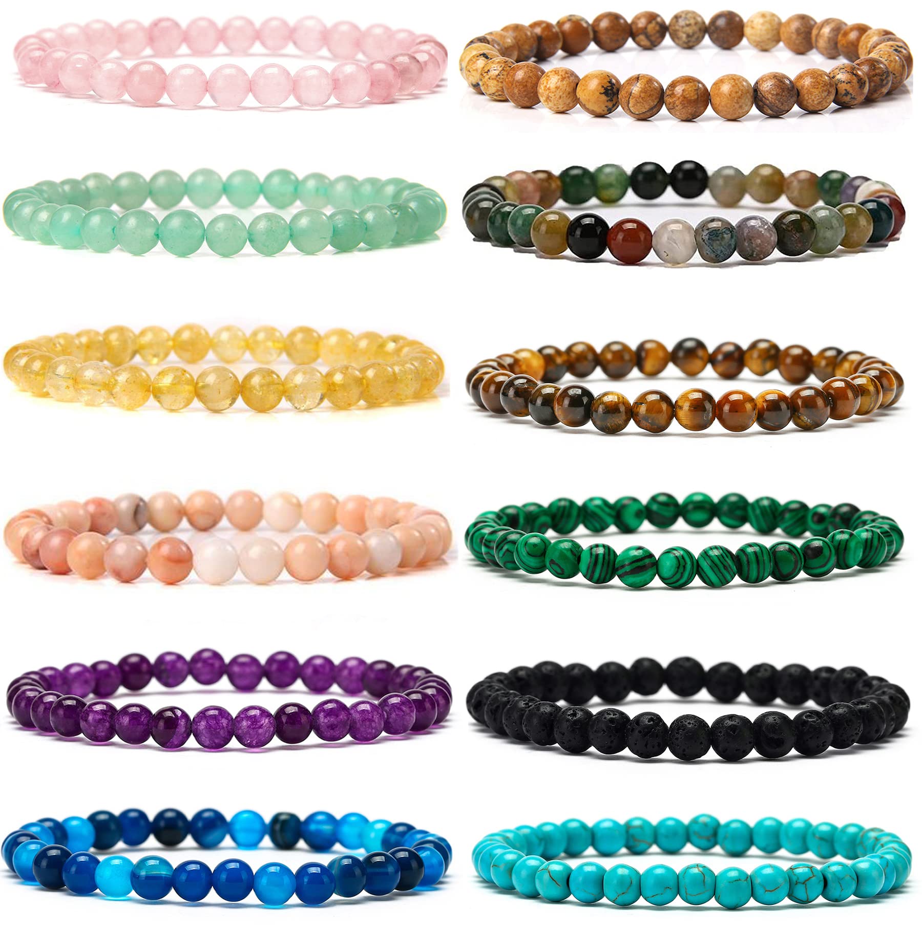 SAMOCO 12Pcs 4mm 6mm 8mm Gemstones Bracelets for Women Men Semi Precious Healing Crystal Stone Stretch Round Beaded Bracelet Handmade Energy Bracelets adjustable(6mm)