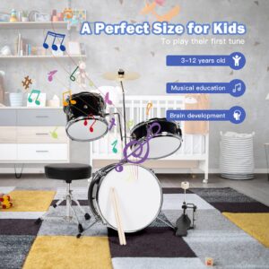 COSTWAY Kids Drum Set, 16” Junior Drum Kit with Bass/Snare/Toms/Floor Drum, Hi-Hat, Cymbal, Pedal, Seat, Drumsticks, 3 PCS Children’s Beginner Drum Instrument for Age 3-12 (Black)