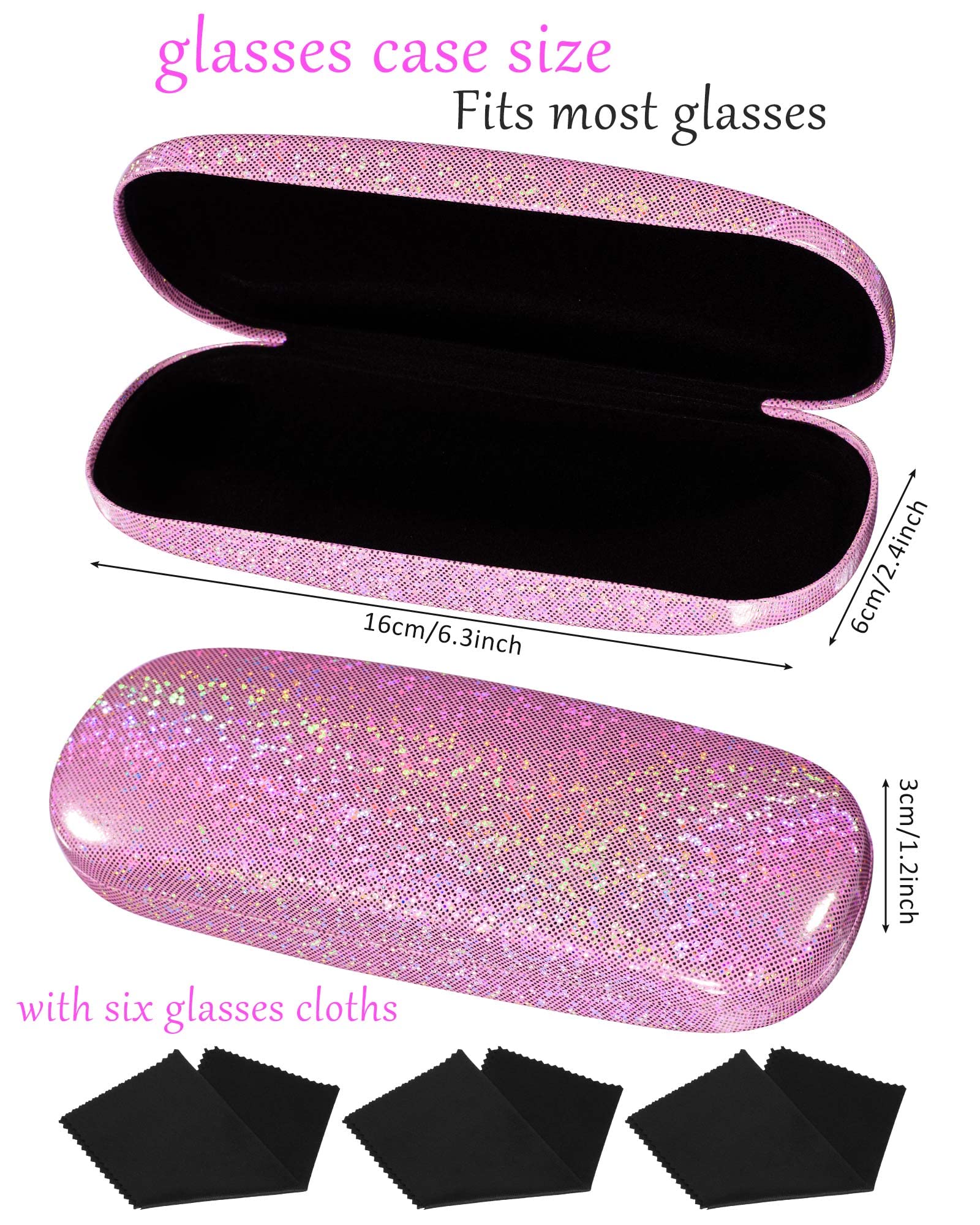 Weewooday 6 Pieces Hard Shell Eyeglasses Cases Glitter Glasses Case Unisex Glasses Case with Cleaning Cloth Sunglasses Case for Women Men