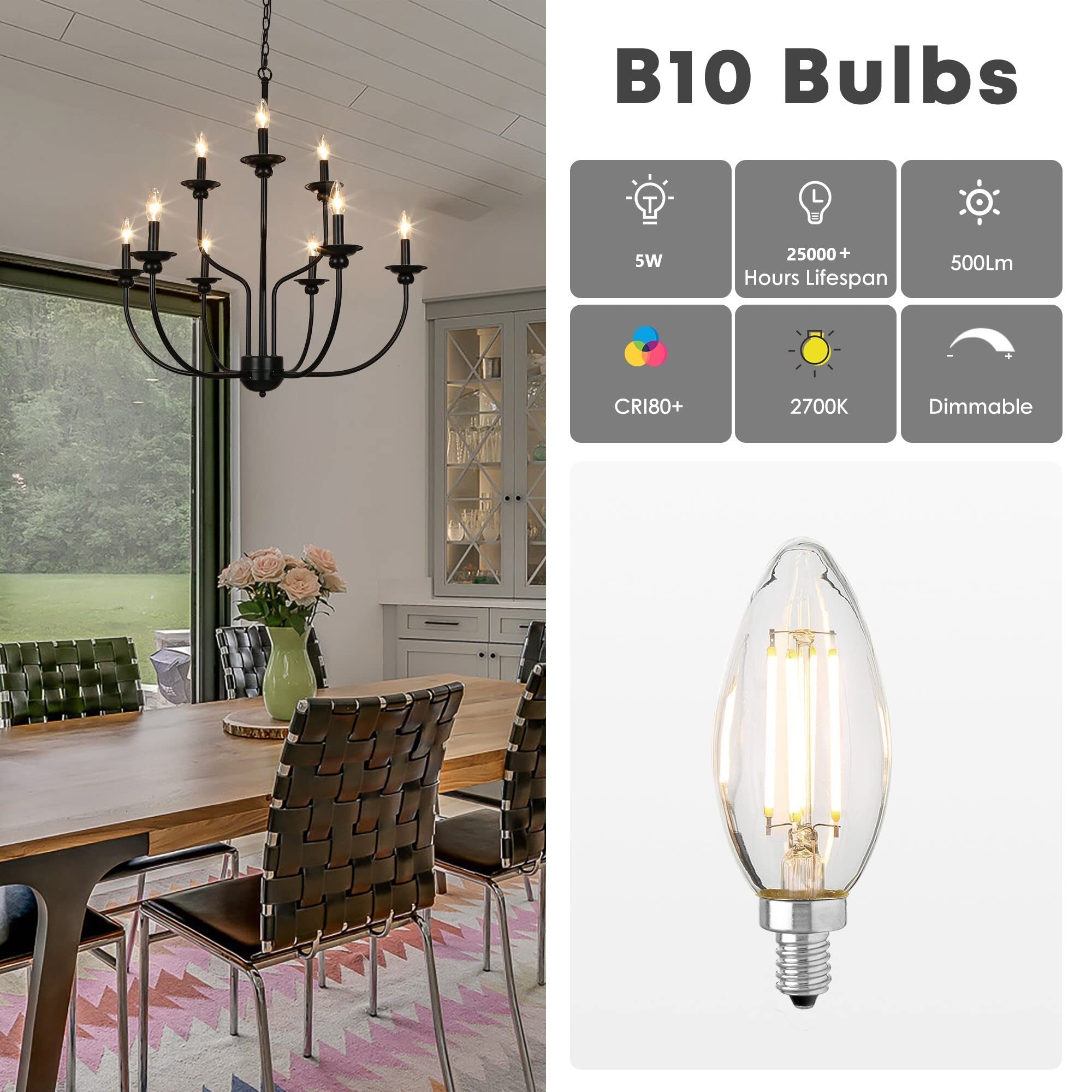 E12 Candelabra LED Edison Bulbs 40W Equivalent, 500 Lumen Soft White B10(C35) Dimmable Chandelier Light Bulbs Ceiling Fan, 5W Clear Glass Vintage Edison Bulb, 6 Pack