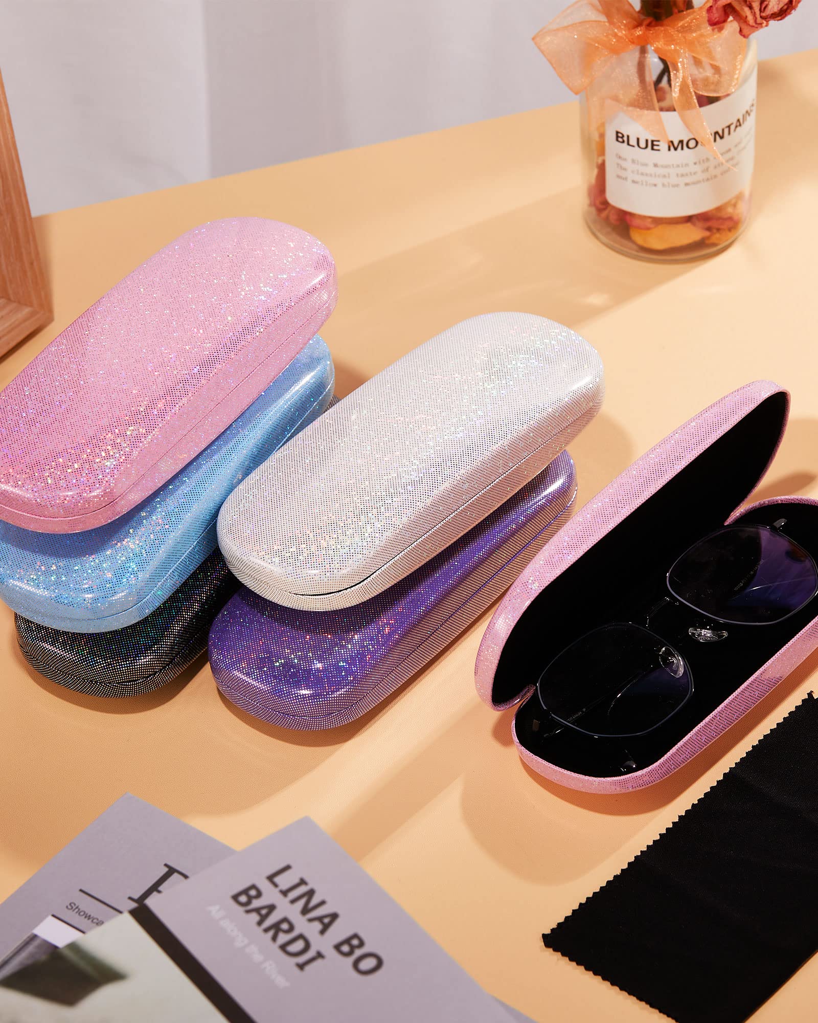 Weewooday 6 Pieces Hard Shell Eyeglasses Cases Glitter Glasses Case Unisex Glasses Case with Cleaning Cloth Sunglasses Case for Women Men