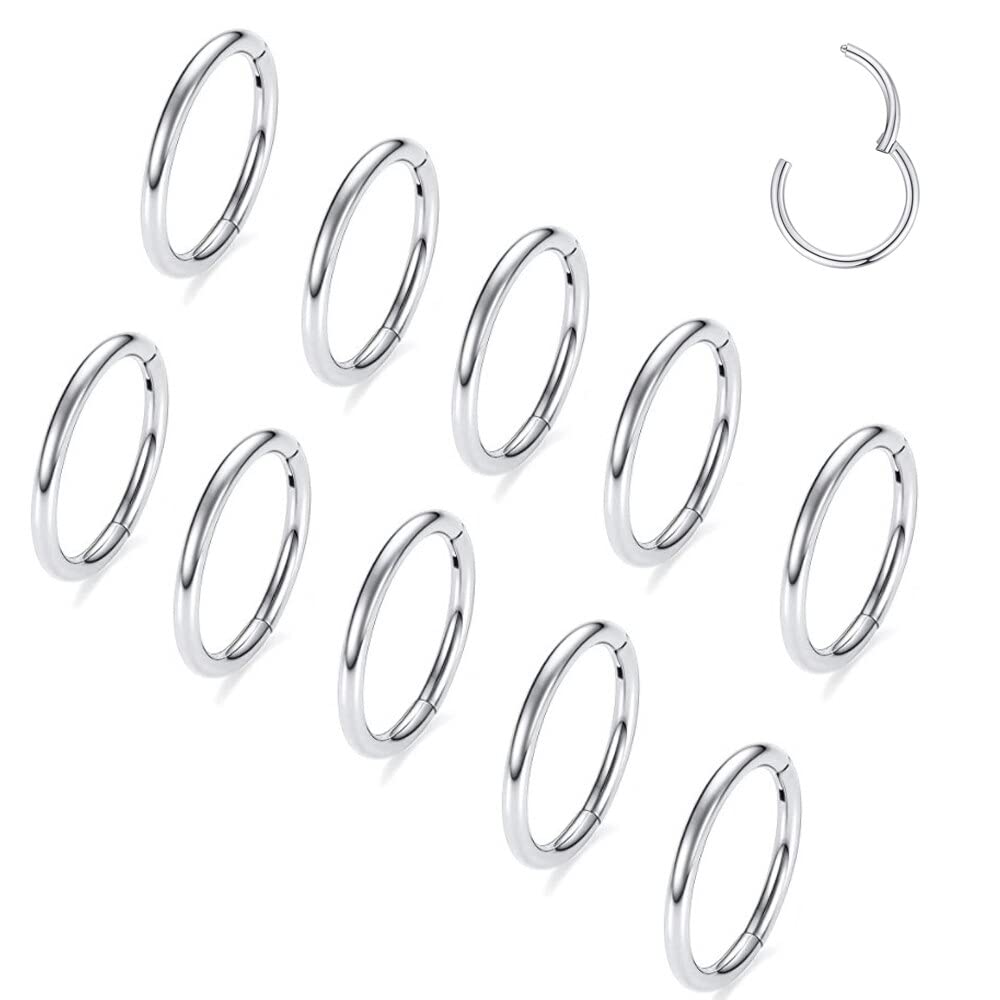 Casvort 10PCS 16G 316 Stainless Steel Helix Classic Ring Stack Clickers Seamless Septum Nose Piercing Rings Segment Tragus Hoop Rings Body Piercing Jewelry