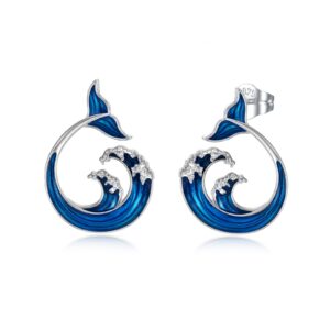 pelovny christmas gifts ocean wave tail studs 925 sterling silver surf earrings for lover women waves spray hypoallergenic earrings for women