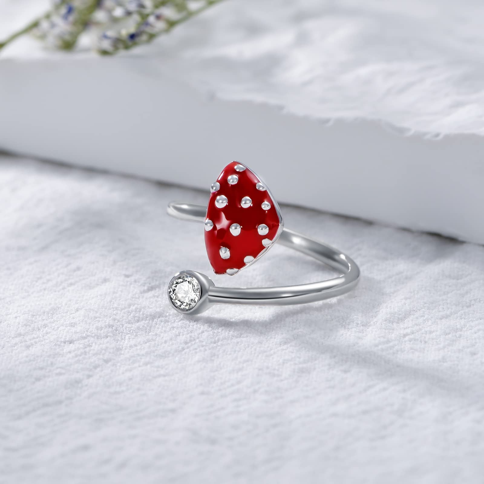 MEIDERBO Red Mushroom Ring S925 Sterling Silver Red Mushroom Rings Jewelry Gifts for Women Wife Mother Mother's Day Birthday Gifts(Size 8)