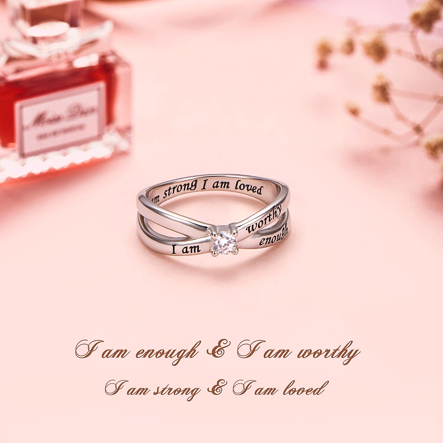 925 Sterling Silver I Am Enough I Am Worthy I Am Strong I Am Loved Ring for Women (A, 9)