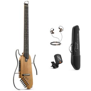 donner hush-i guitar for travel - portable ultra-light and quiet performance headless acoustic-electric guitar, maple body with removable frames, gig bag, and accessories