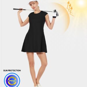 ChinFun Tennis Golf Dresses for Women, Tennis Golf Dress with Shorts Underneath and 4 Pockets UPF 50+ Cap Sleeve Workout Athletic Exercise Dress Black M