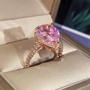 18k rose gold plated fashion jewelry teardrop shaped cubic zirconia rings popular pink gemstone rings twist wedding engagement rings for women hm411 (8)