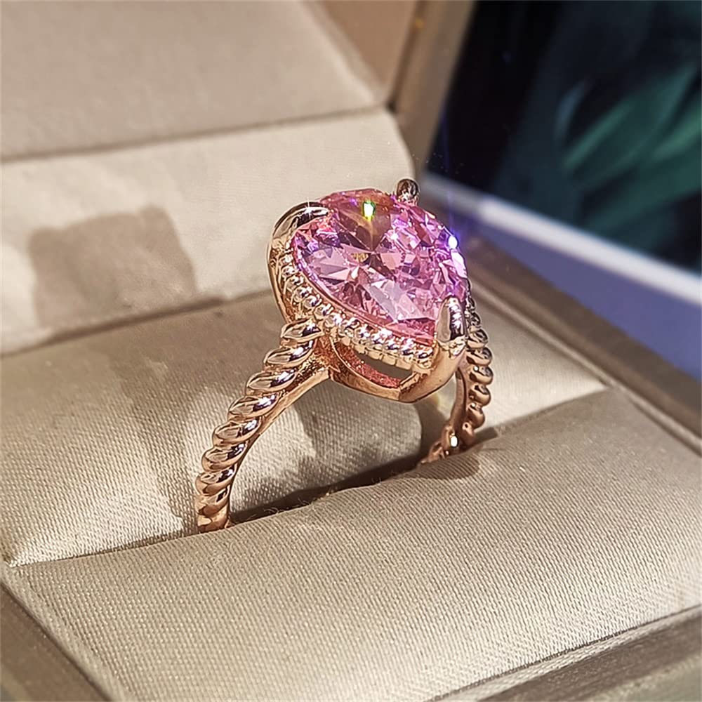 18K Rose Gold Plated Fashion Jewelry Teardrop Shaped Cubic Zirconia Rings Popular Pink Gemstone Rings Twist Wedding Engagement Rings for Women HM411 (8)