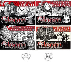 ama gloom bundle of all 4 expansions for the second edition of the card game plus a skull button